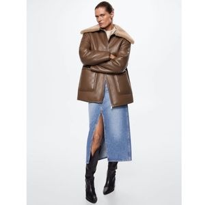 Mango | Jackets & Coats | Nwt Mango Oversized Brown Leather Shearling ...